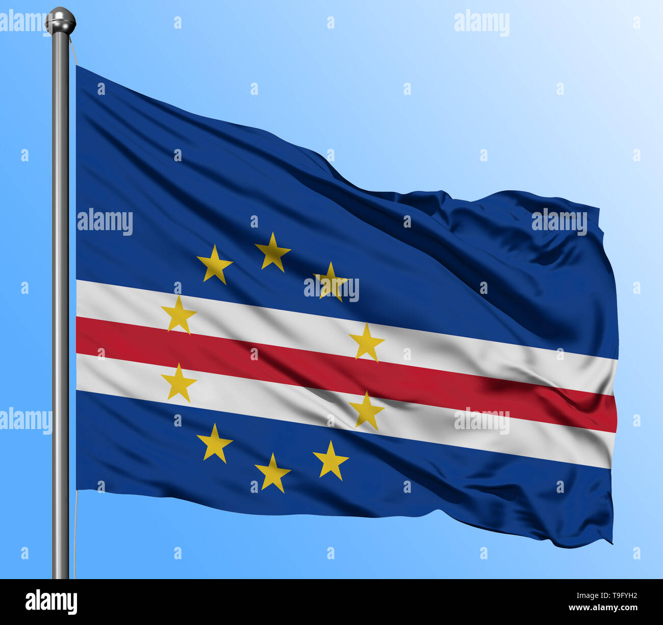 Cape Verde flag waving in the deep blue sky background. Isolated ...