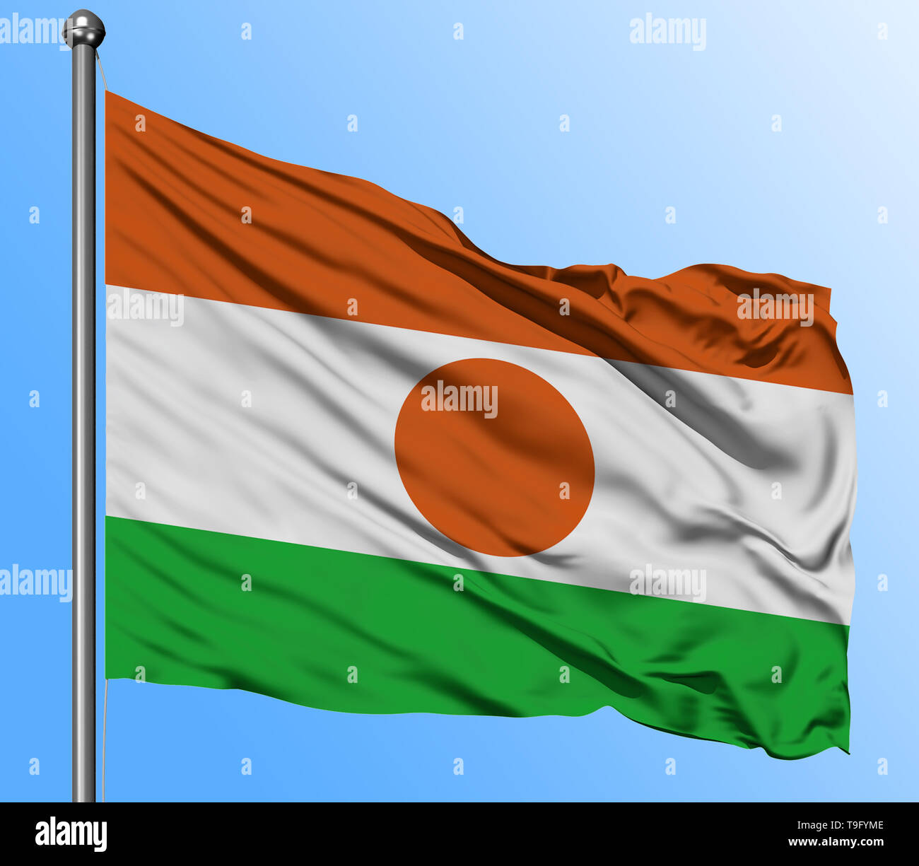 Niger flag waving in the deep blue sky background. Isolated national ...