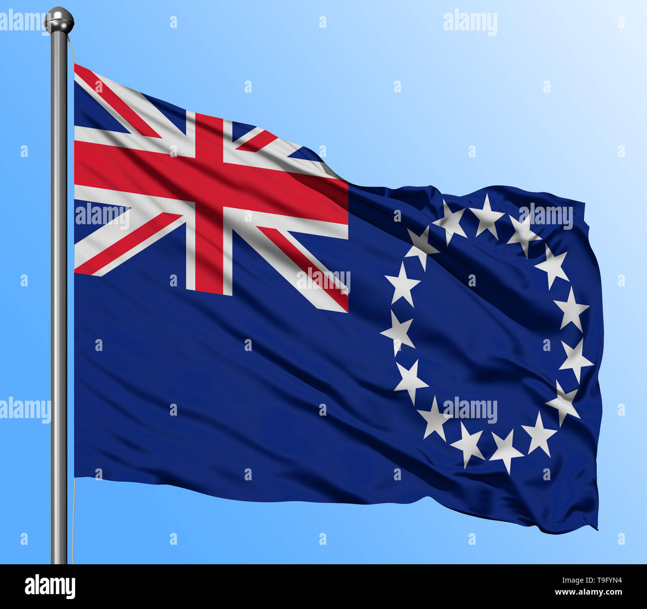Cook Islands flag waving in the deep blue sky background. Isolated ...