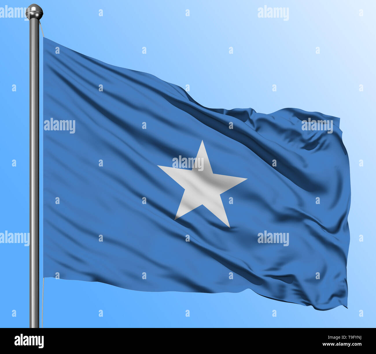 Somalia flag waving in the deep blue sky background. Isolated national ...