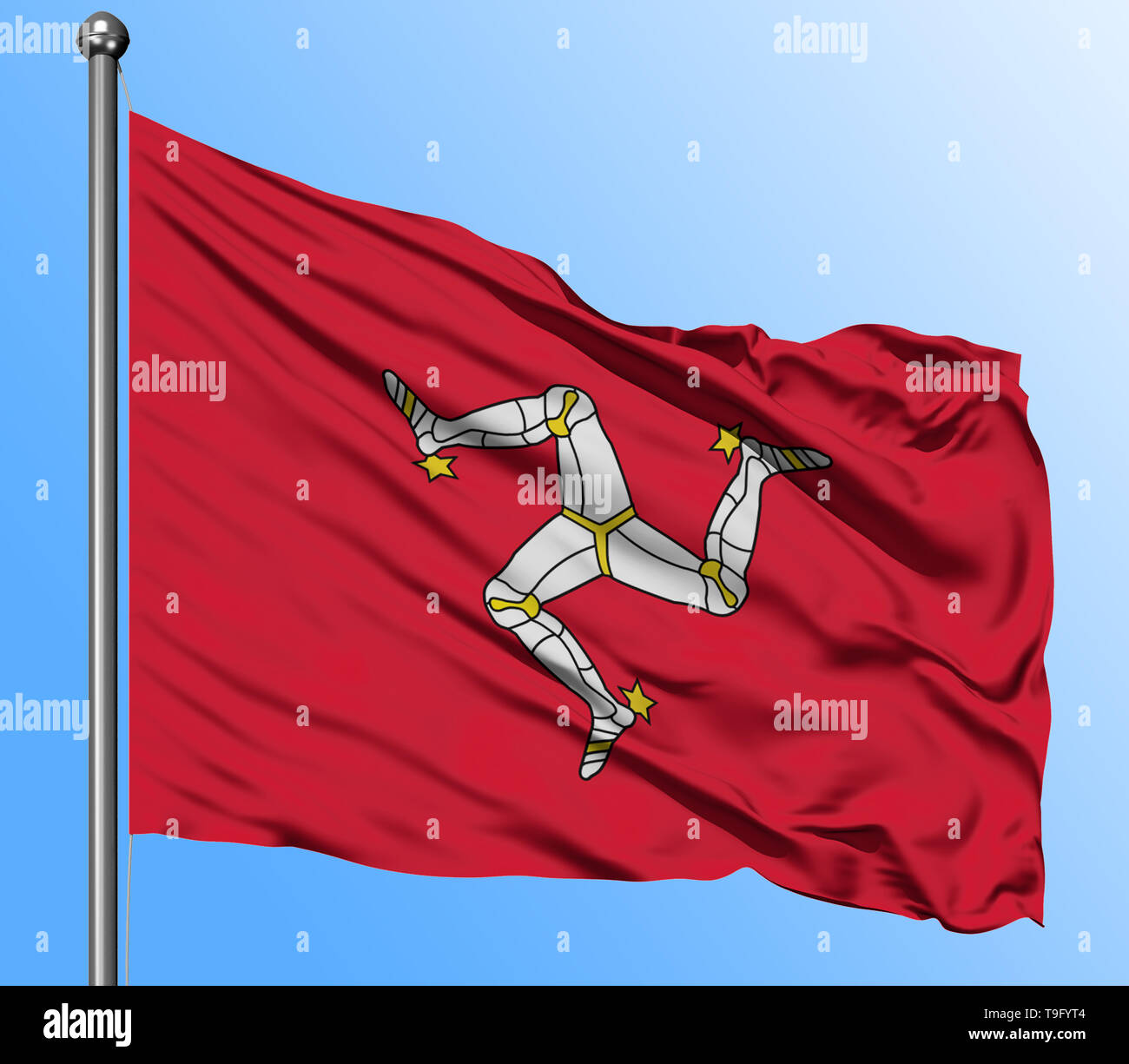 Isle Of Man flag waving in the deep blue sky background. Isolated ...