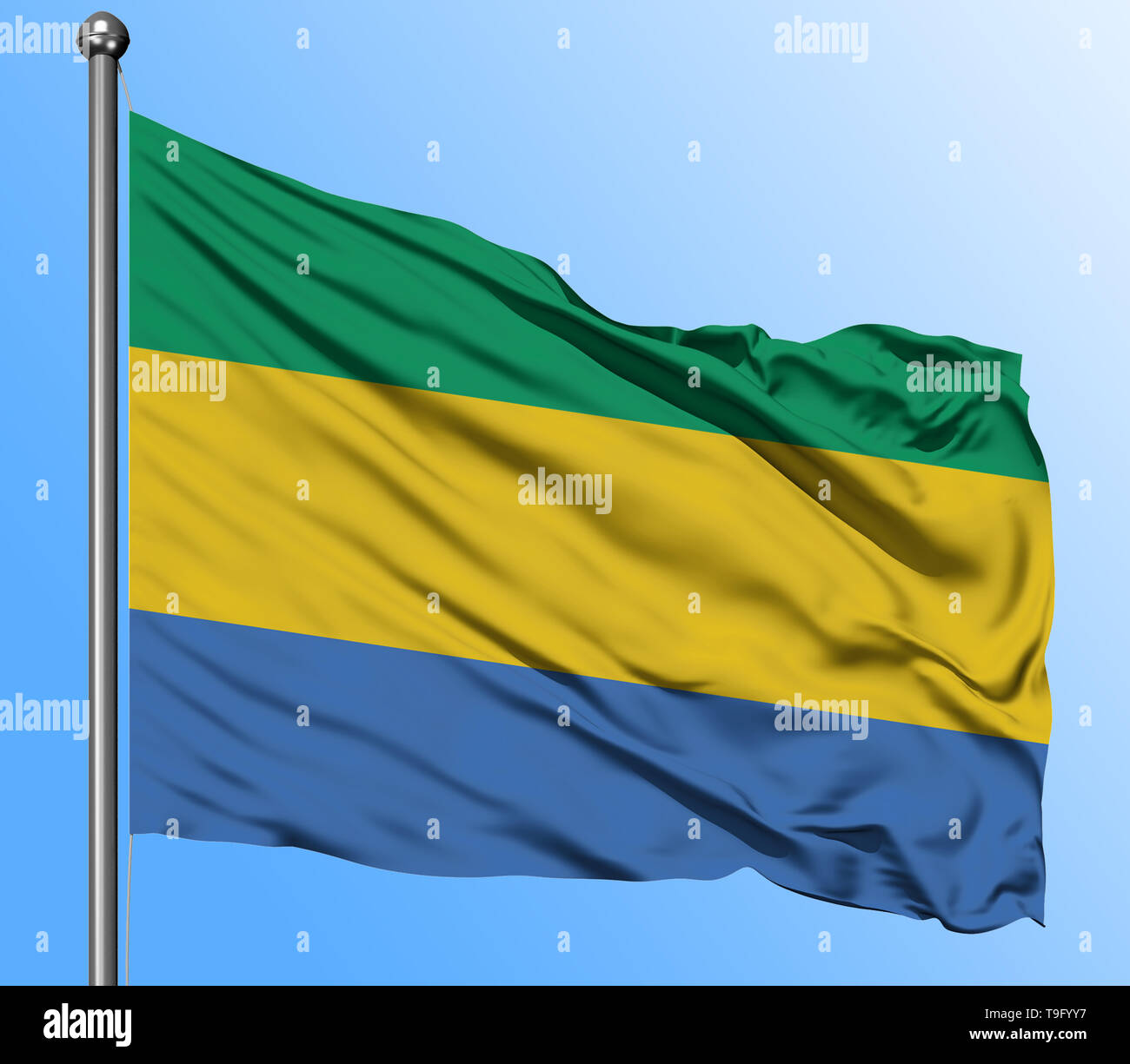 Gabon flag waving in the deep blue sky background. Isolated national ...