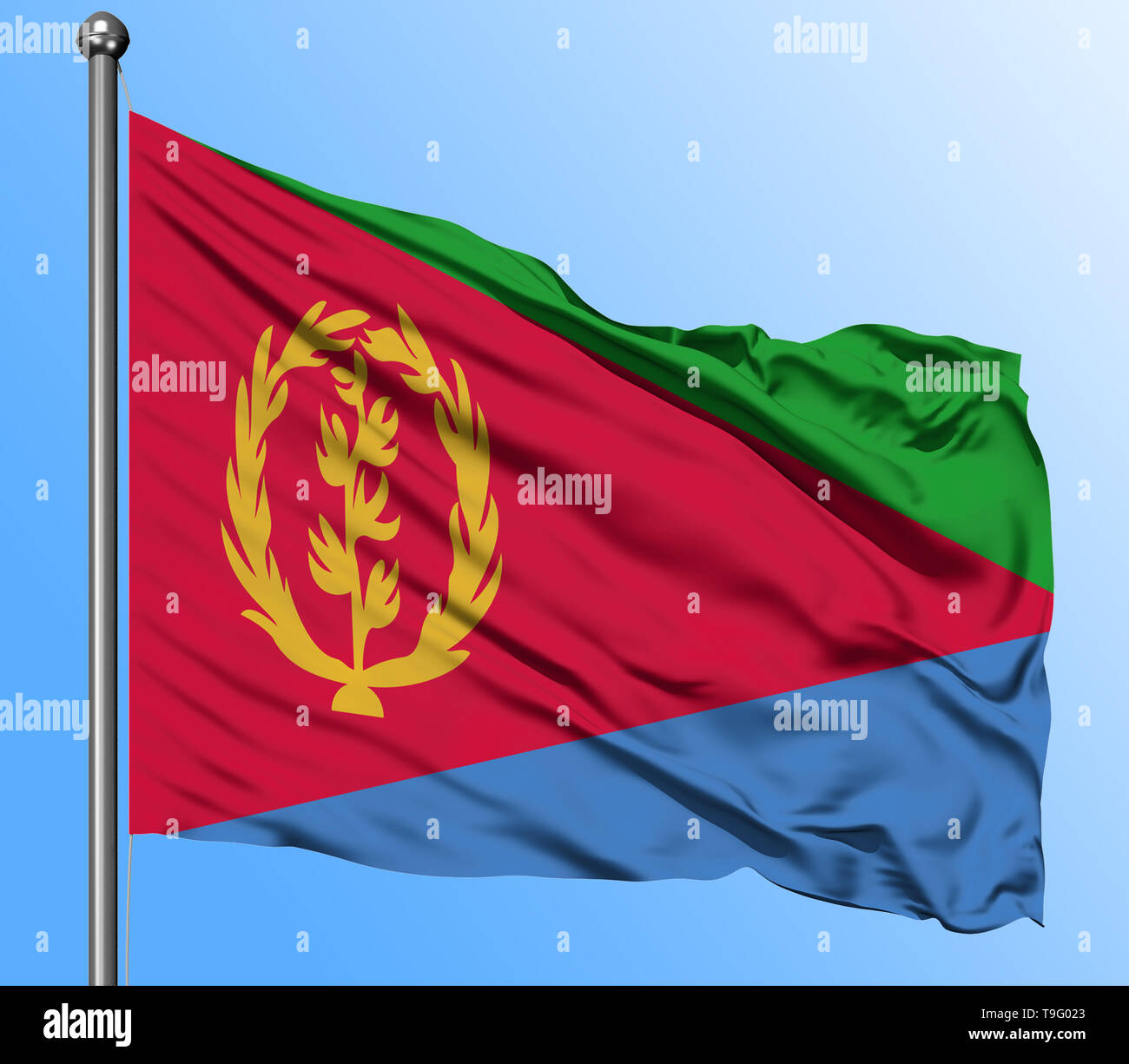 Eritrea flag waving in the deep blue sky background. Isolated national ...