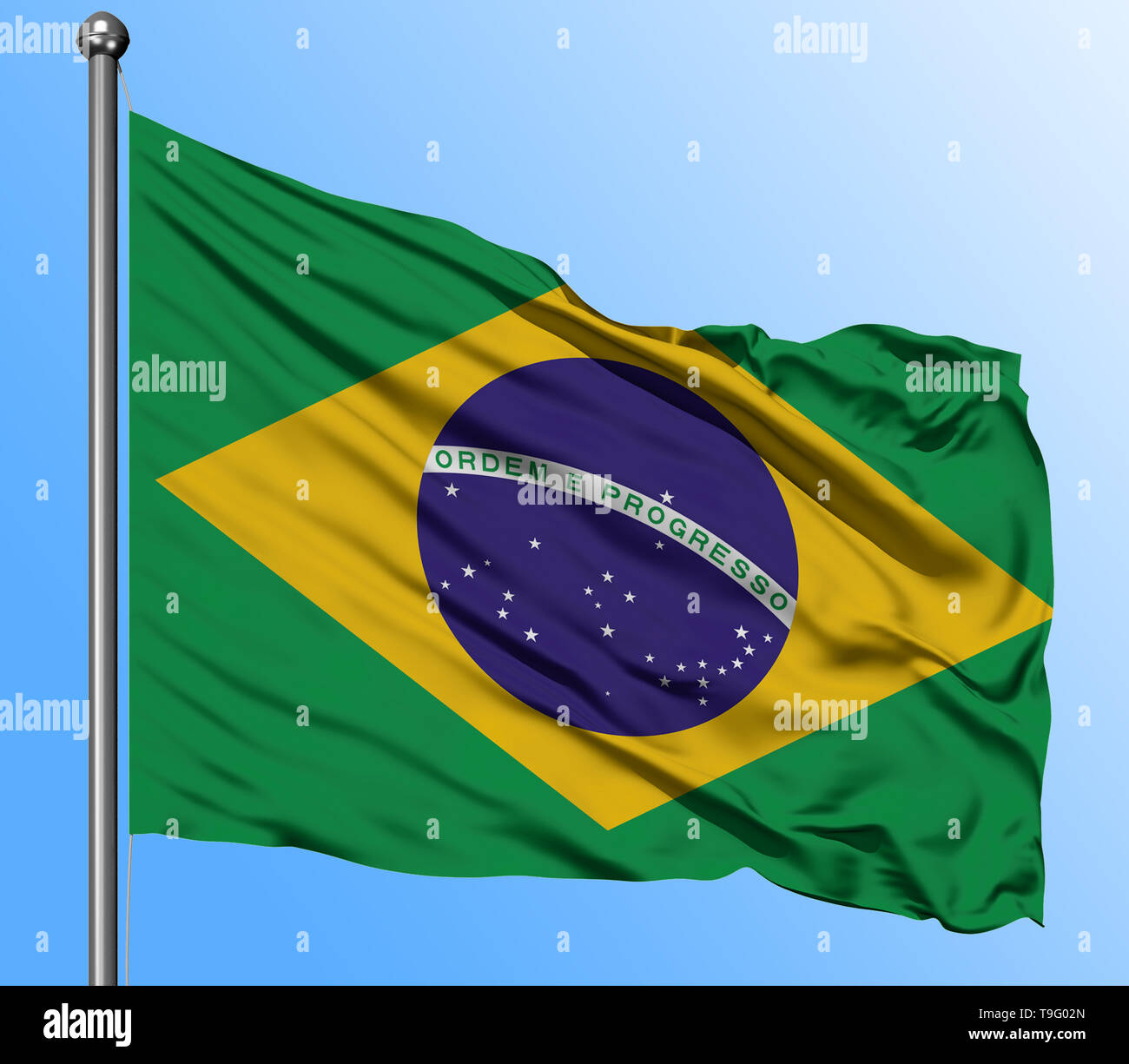 Brazil flag waving in the deep blue sky background. Isolated national ...