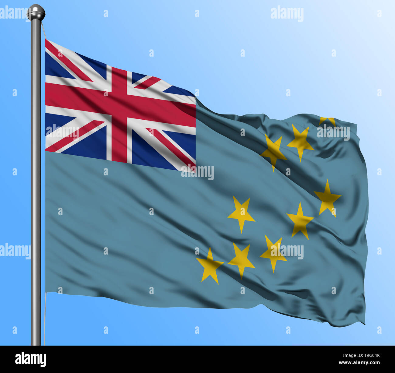 Tuvalu flag waving in the deep blue sky background. Isolated national ...