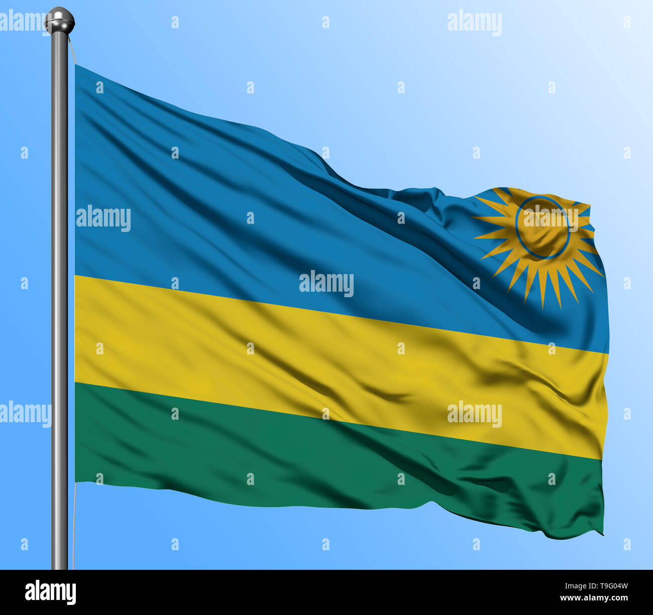 Rwanda flag waving in the deep blue sky background. Isolated national ...