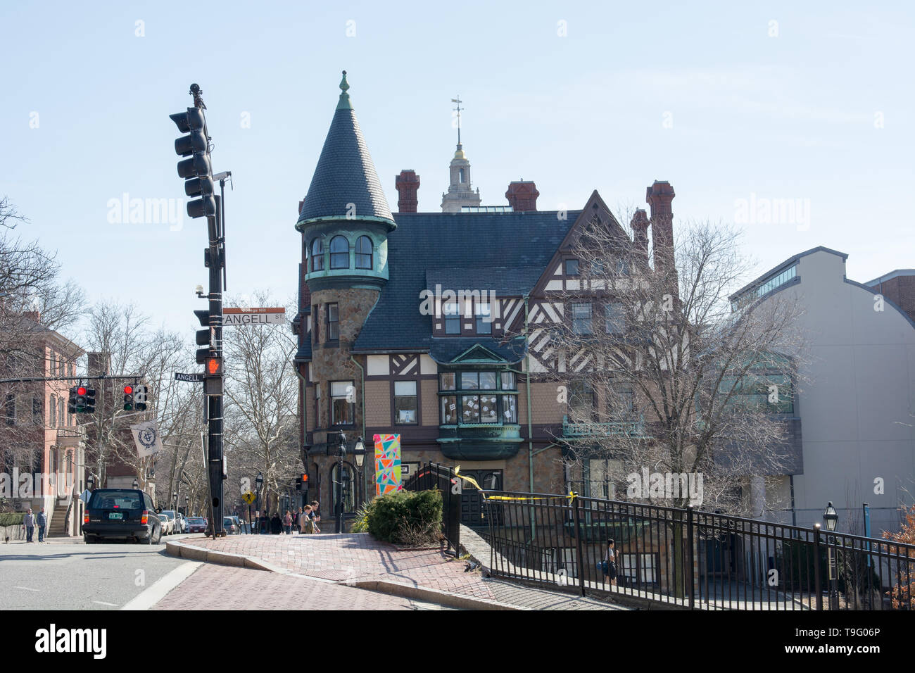 Street view of Providence in Rhode Island at the corner of Angell St ...