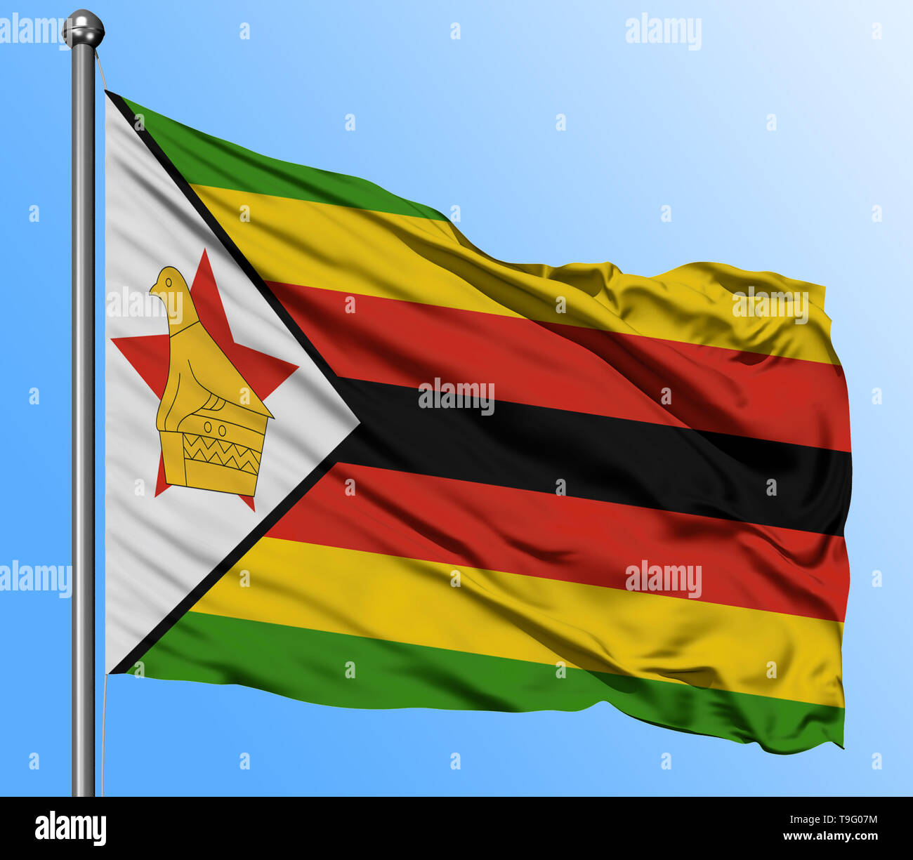 Zimbabwe flag waving in the deep blue sky background. Isolated national ...