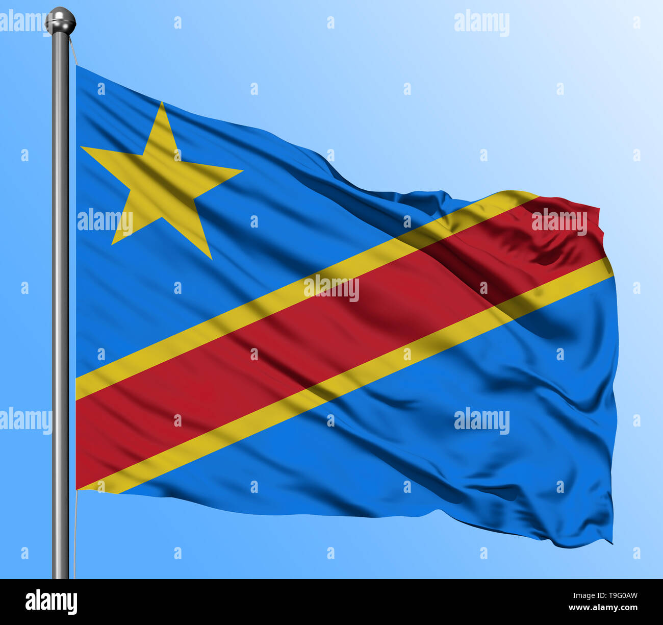 Congo flag waving in the deep blue sky background. Isolated national ...