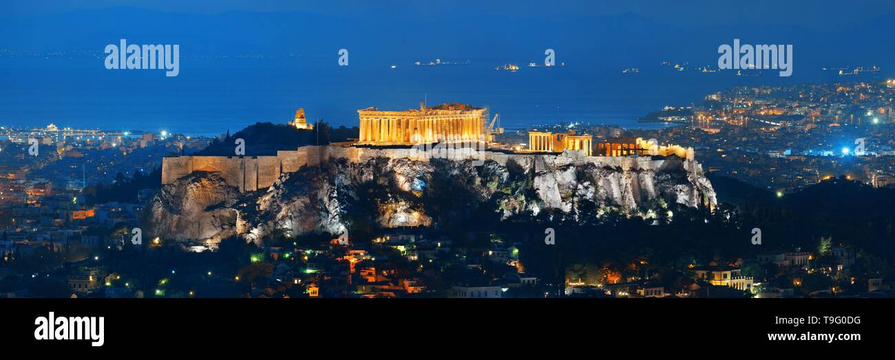Acropolis historical ruins at night viewed from mountain, Greece Stock ...