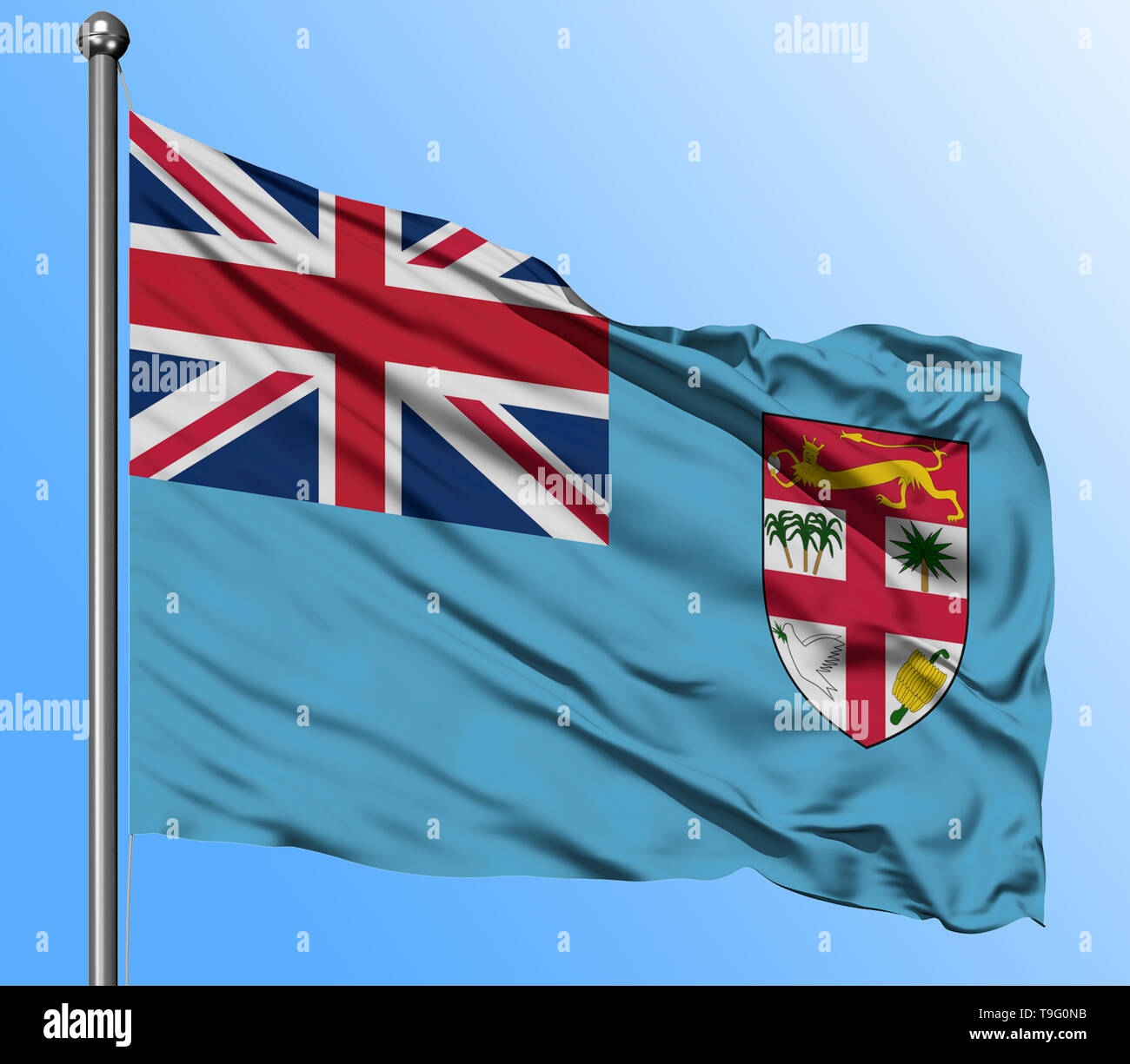 Fiji flag waving in the deep blue sky background. Isolated national ...