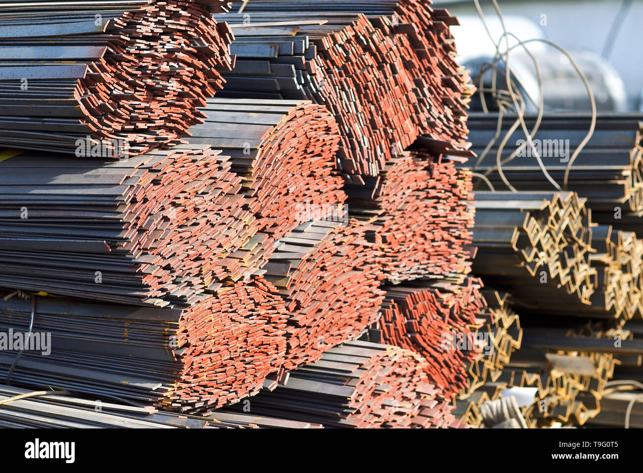 Metal profile strip in packs at the warehouse of metal products, Russia ...