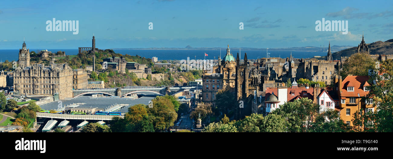 Edinburgh city rooftop view with historical architectures. United ...