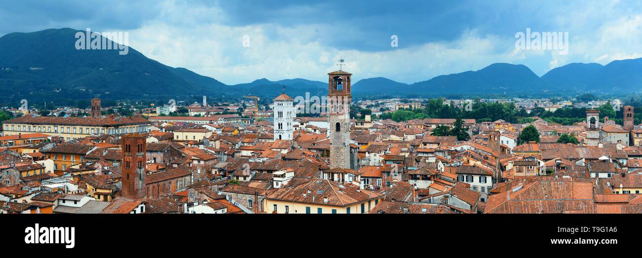 Lucca skyline with tower and cathedral panorama in Italy Stock Photo ...