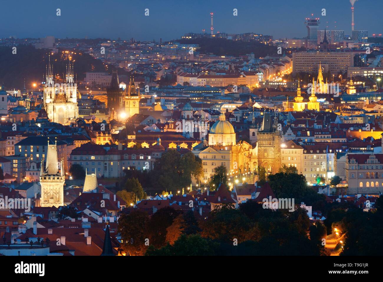 Prague skyline rooftop view with historical buildings at night in Czech ...