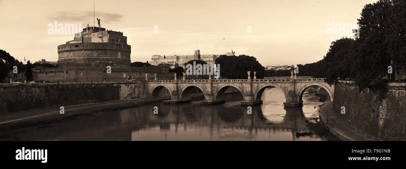 Castel Sant Angelo and bridge over River Tiber in Rome, Italy black and white Stock Photo - Alamy