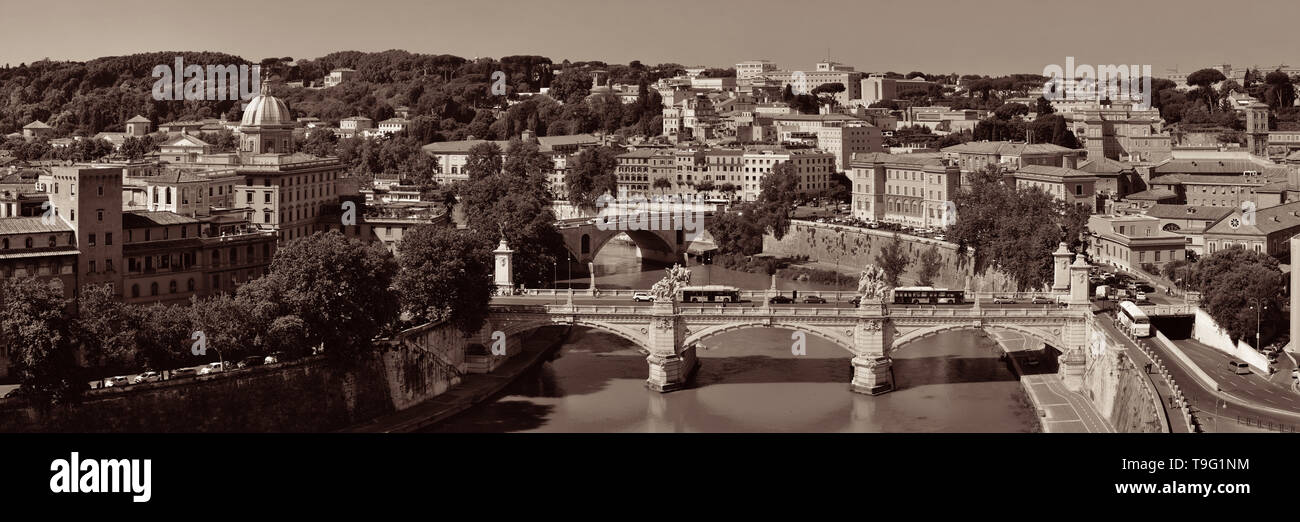 Rome aerial view with ancient architecture, bridge and River Tiber ...