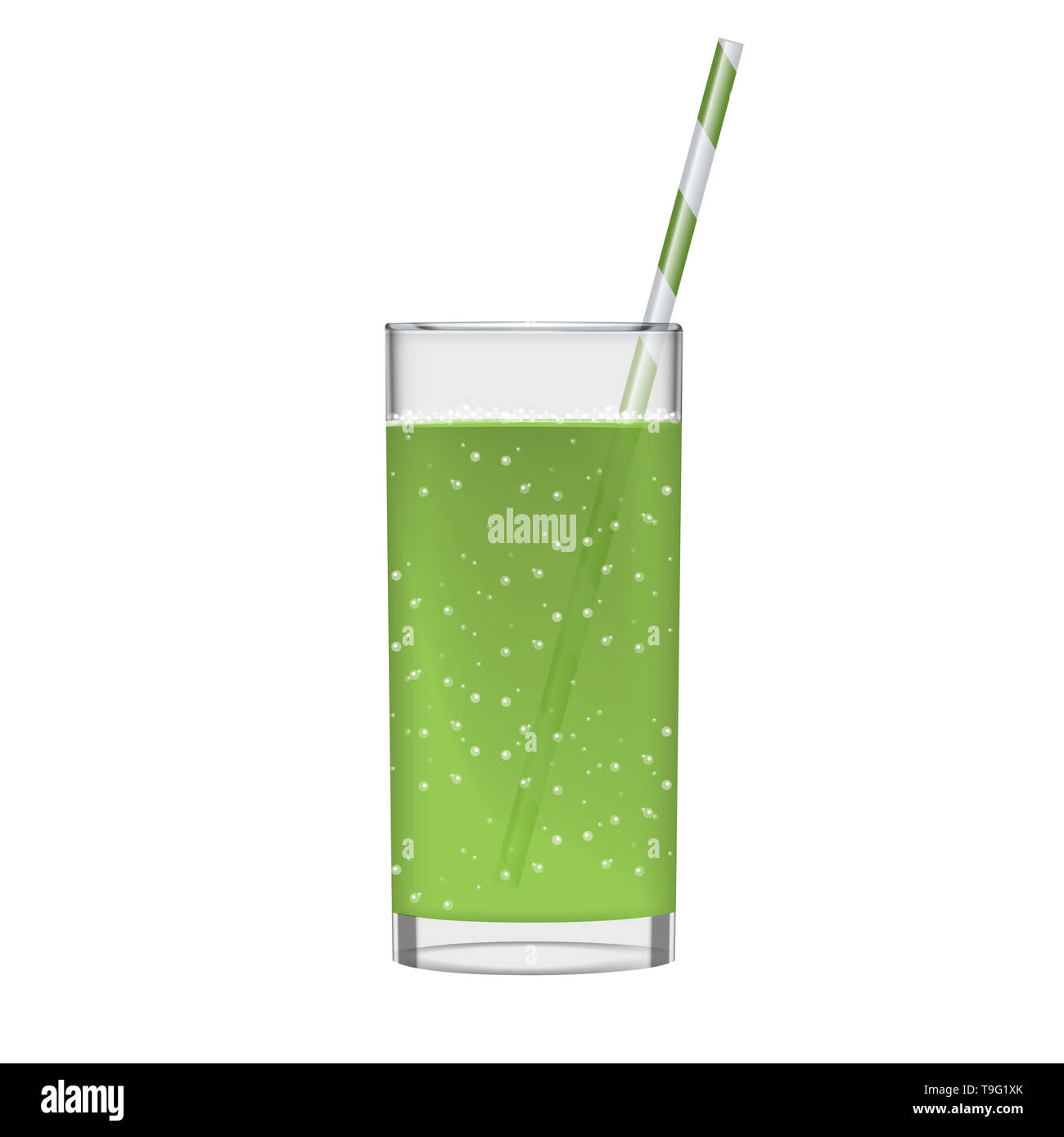 Green juice with smoothie glass and sparkling bubbles. Fruit organic ...