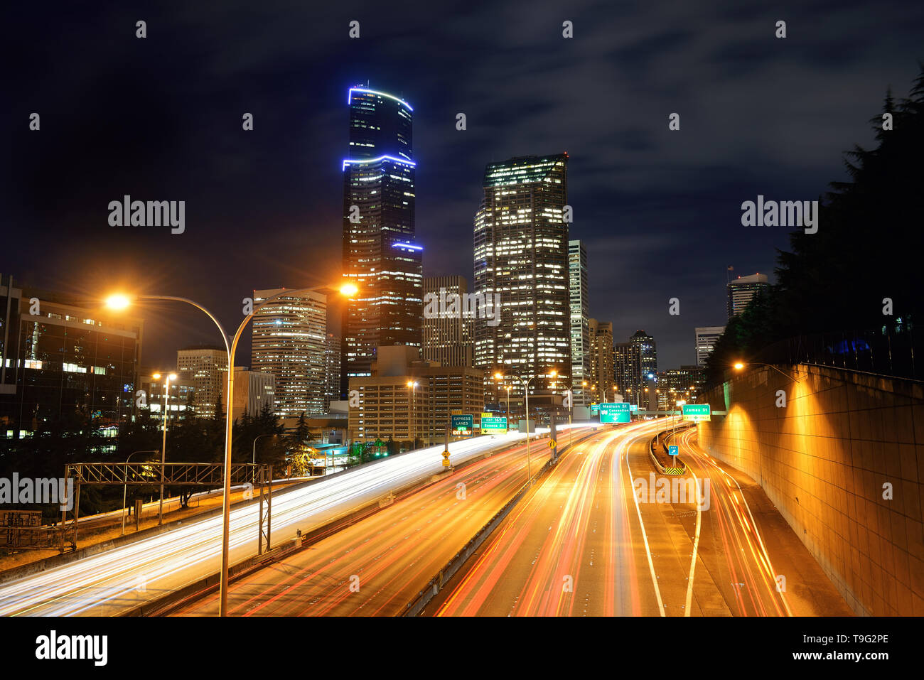 Seattle city view with urban architecture and traffic light trail Stock ...
