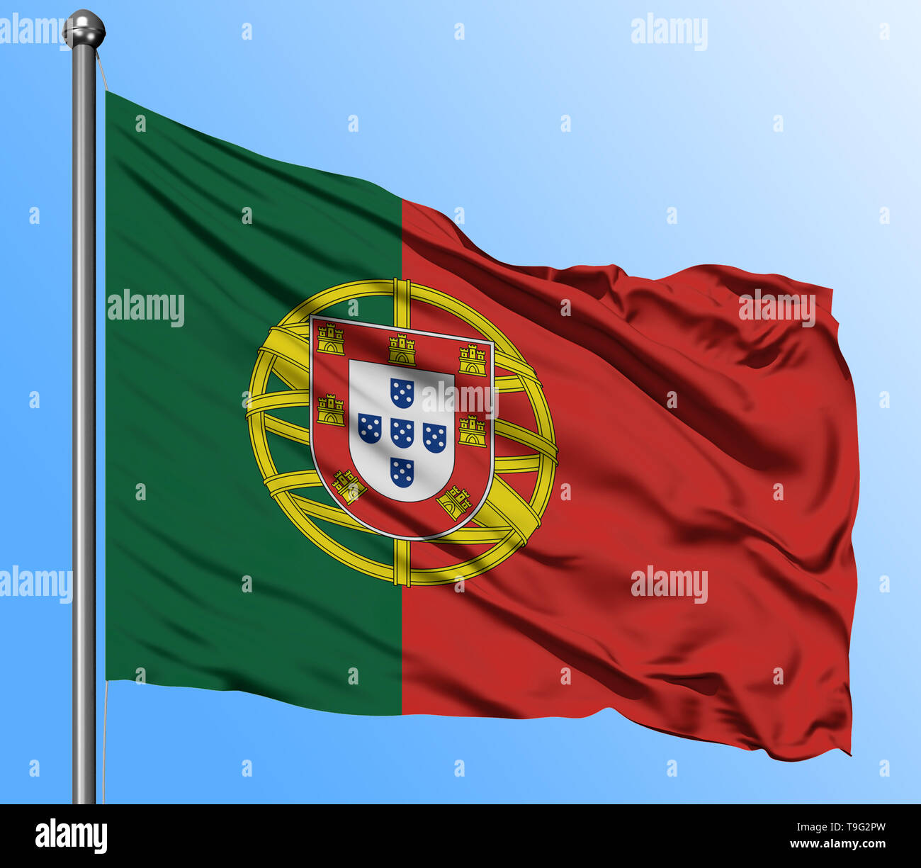 Portugal flag waving in the deep blue sky background. Isolated national ...