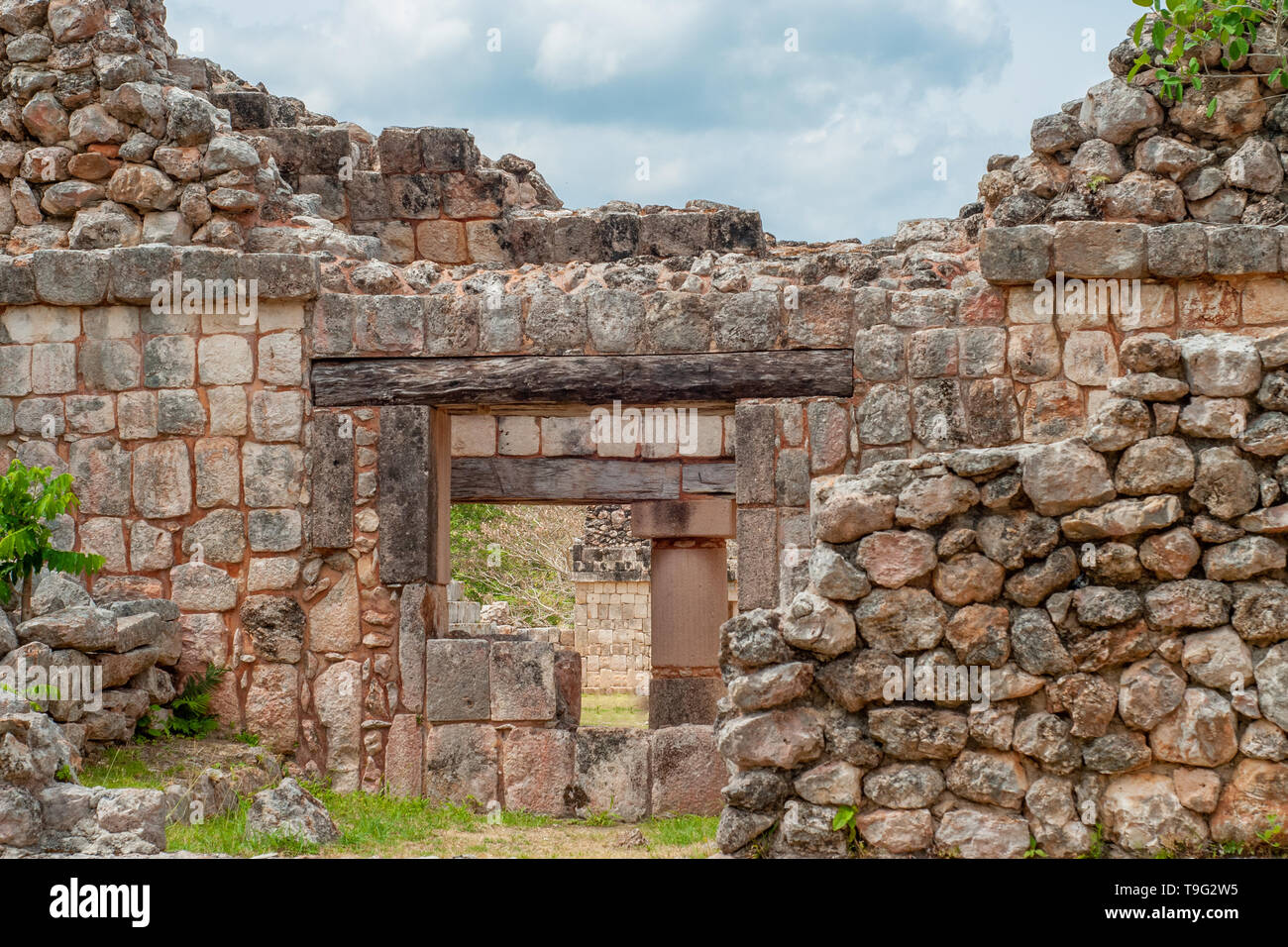 Maya beams and pillars, of the archaeological area of Ek Balam, on the ...