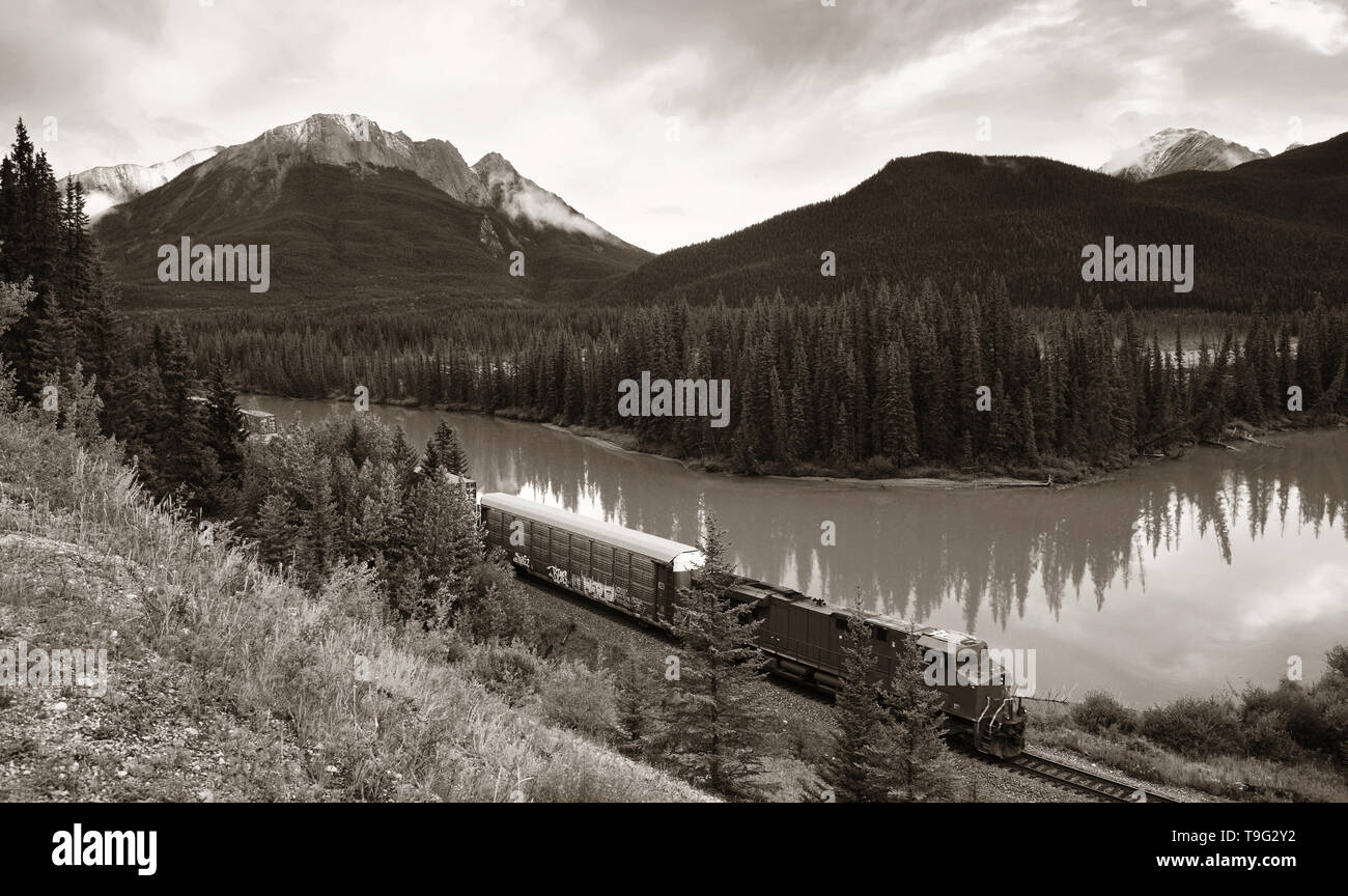 Cargo train and lake forest in Banff National Park in Canada Stock ...