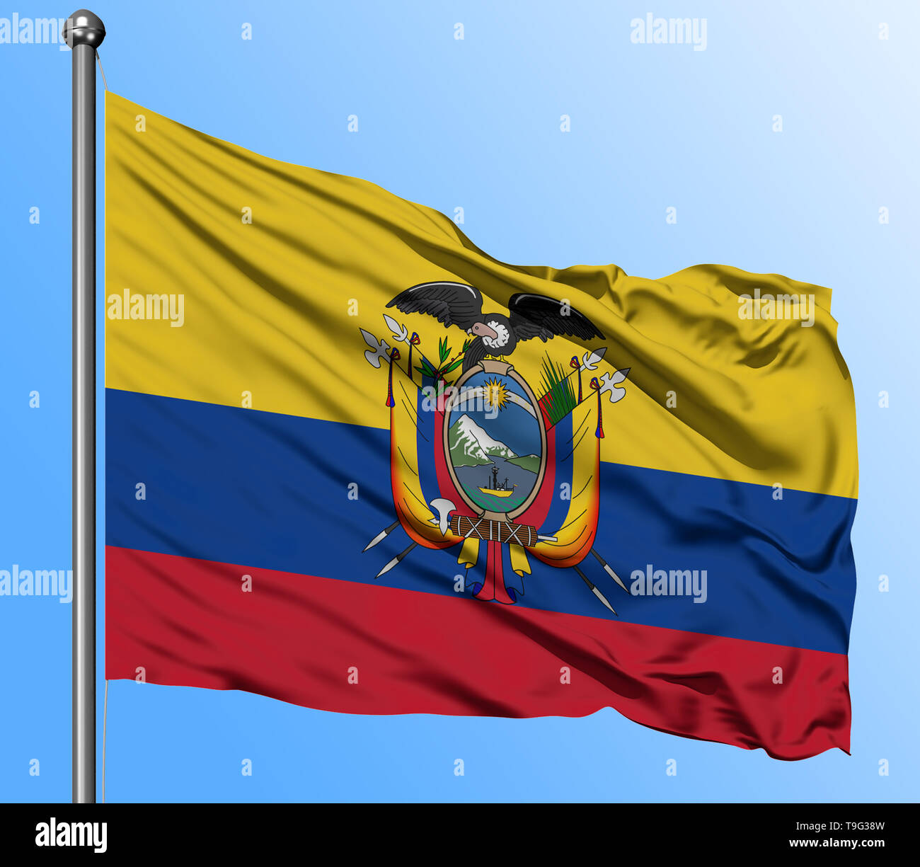 Ecuador flag waving in the deep blue sky background. Isolated national ...