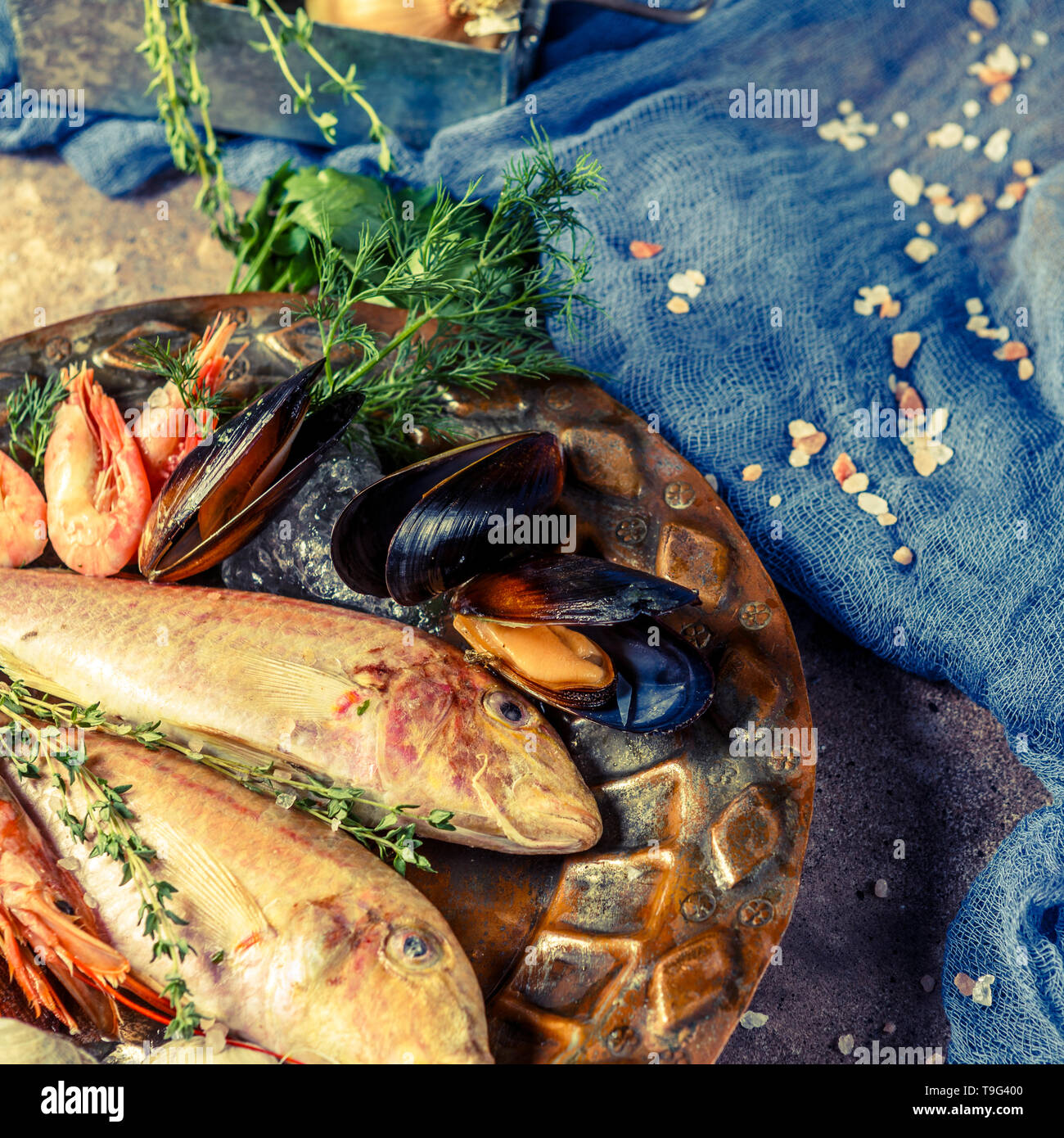 Seafood picture at stone table Stock Photo - Alamy