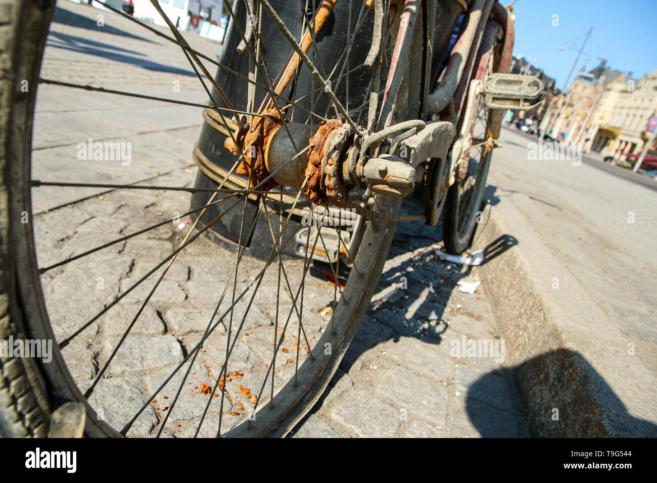 A detail picture of the old unused abandoned bicycle left behind on the ...