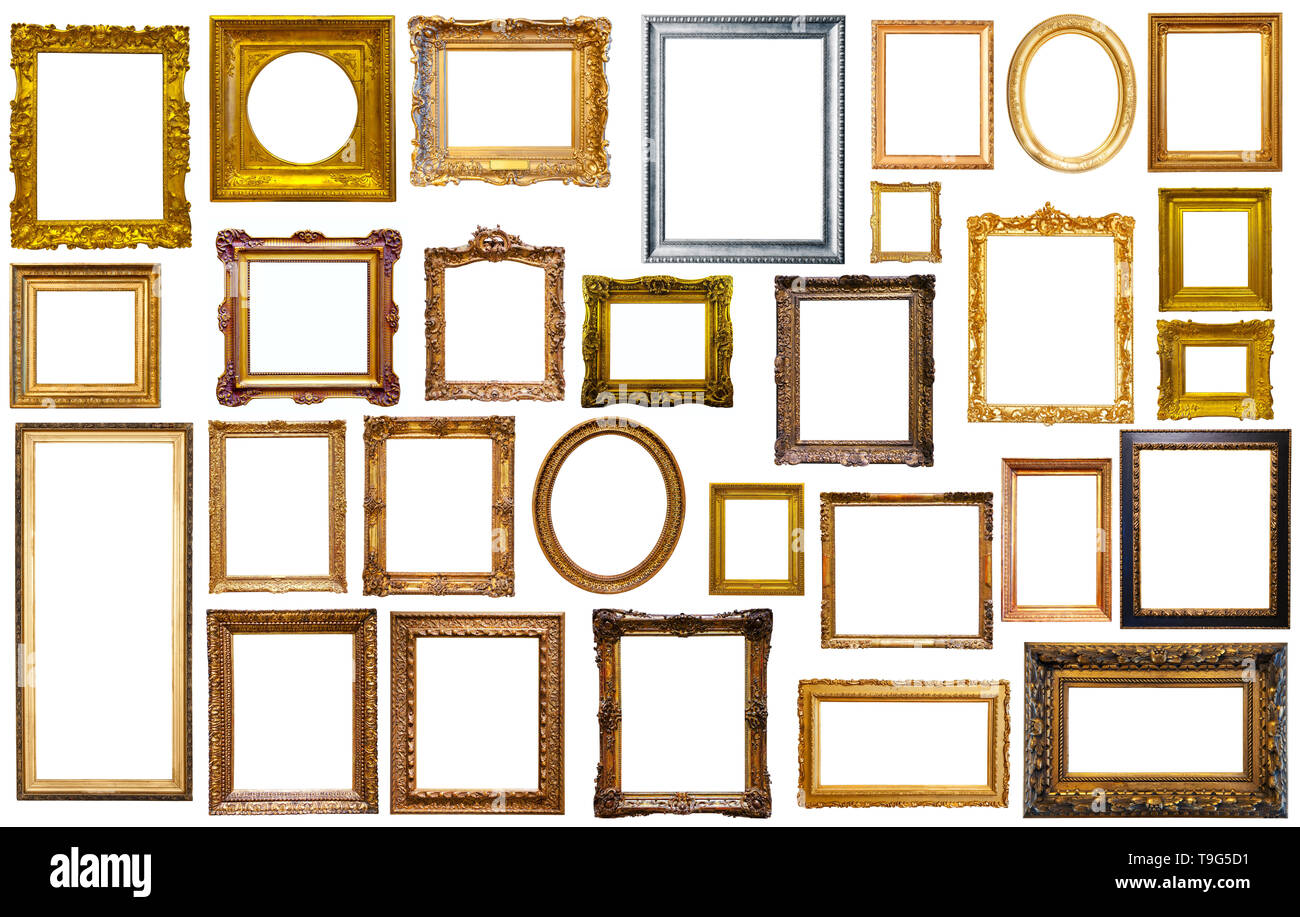 collection of isolated old fashioned empty art frames in different ...