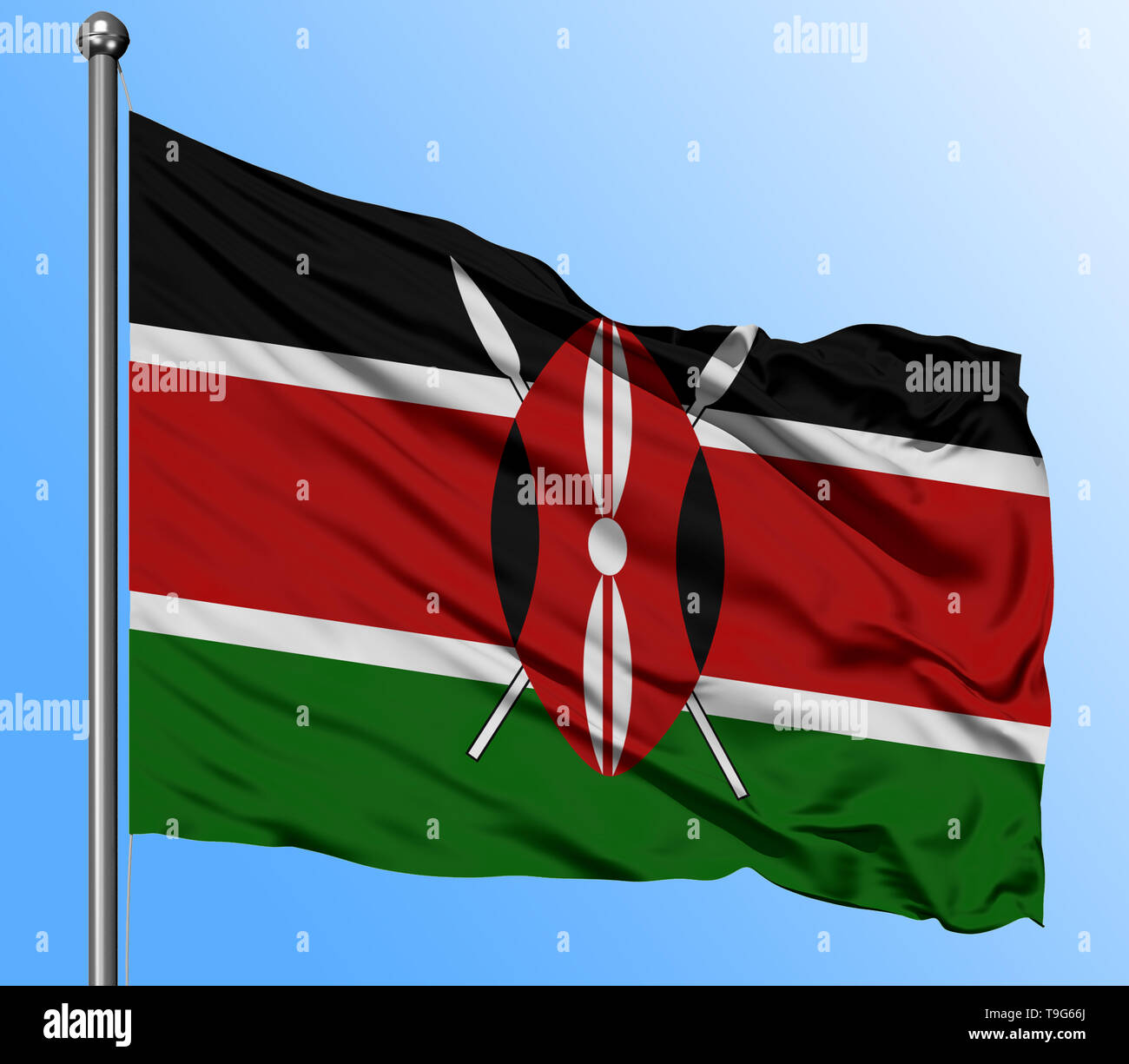 Kenya flag waving in the deep blue sky background. Isolated national ...