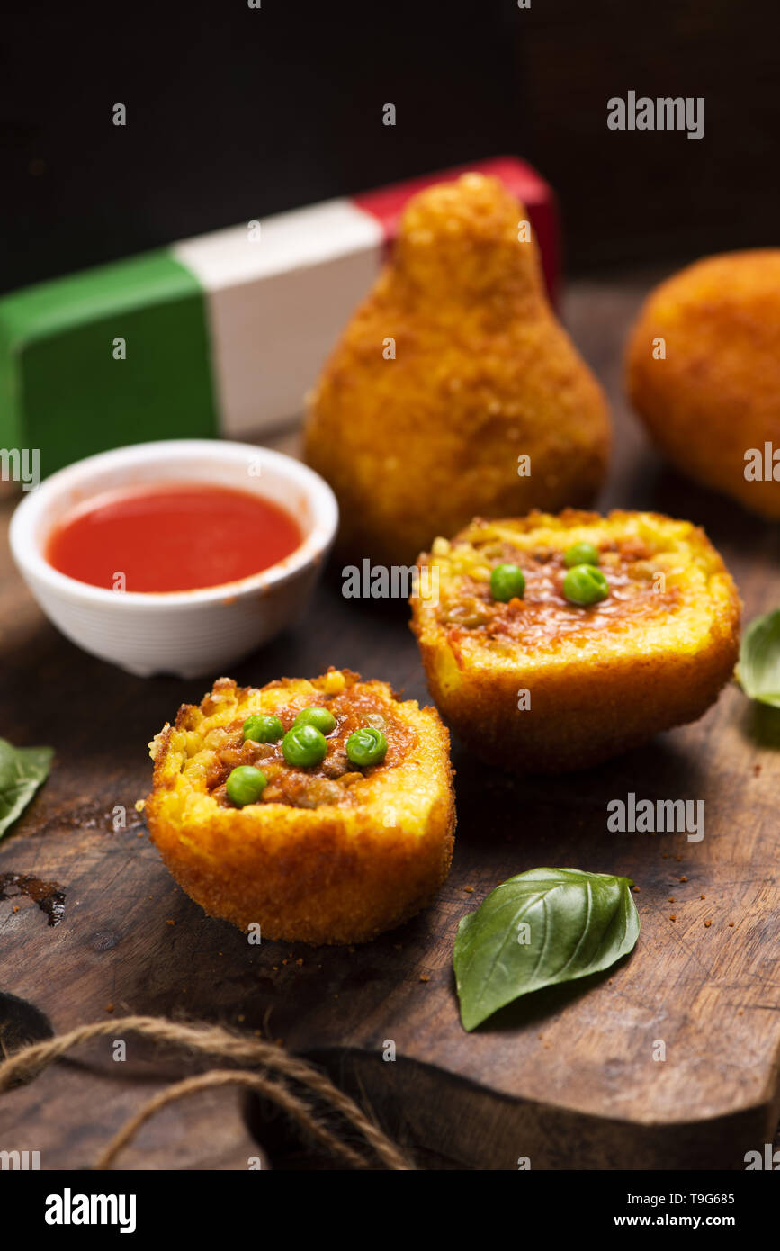 Delicious rice balls made with fried rice. typical dish of sicilian ...