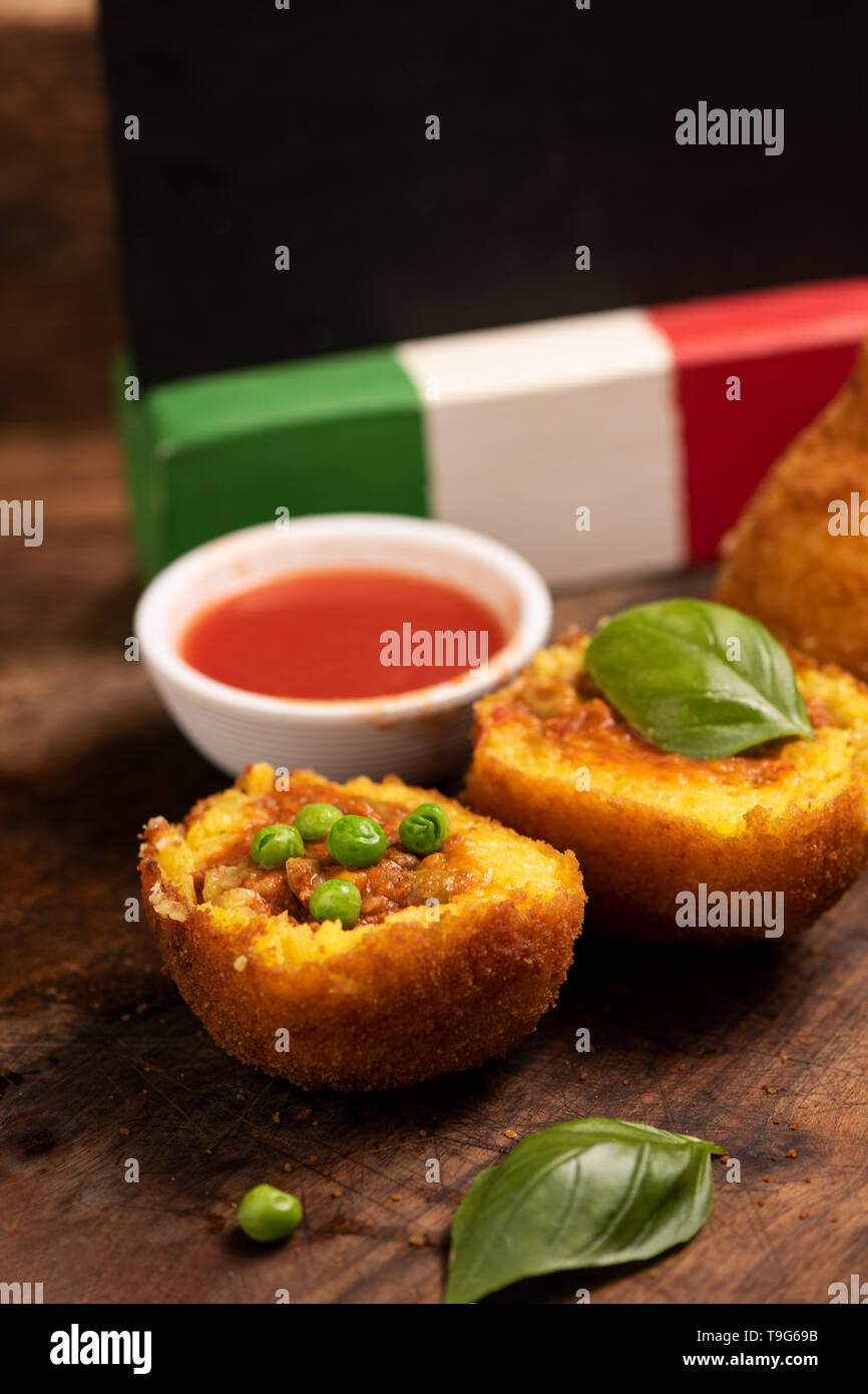 Delicious rice balls made with fried rice. typical dish of sicilian ...