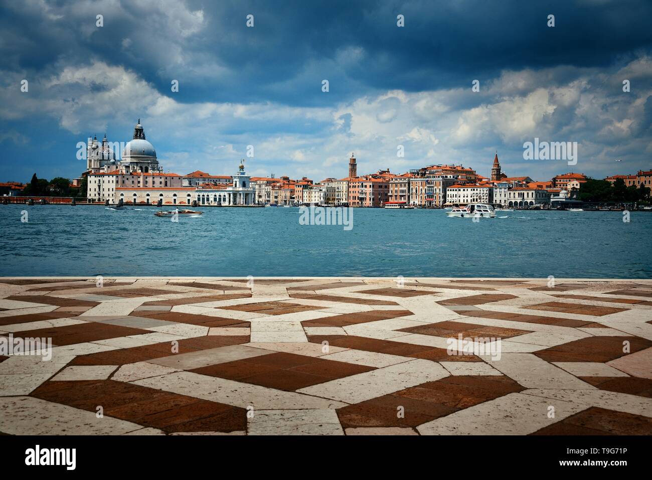 City skyline of Venice and ground pattern viewed from waterfront in ...