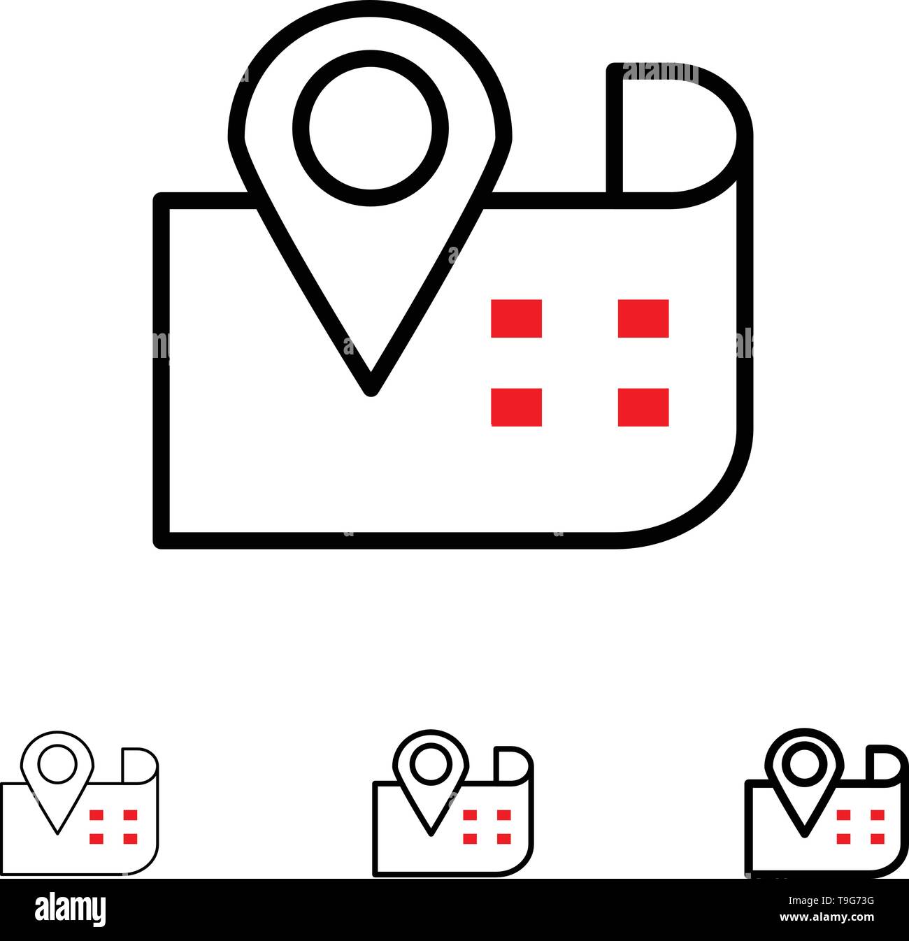 Map, Navigation, Location Bold and thin black line icon set Stock ...