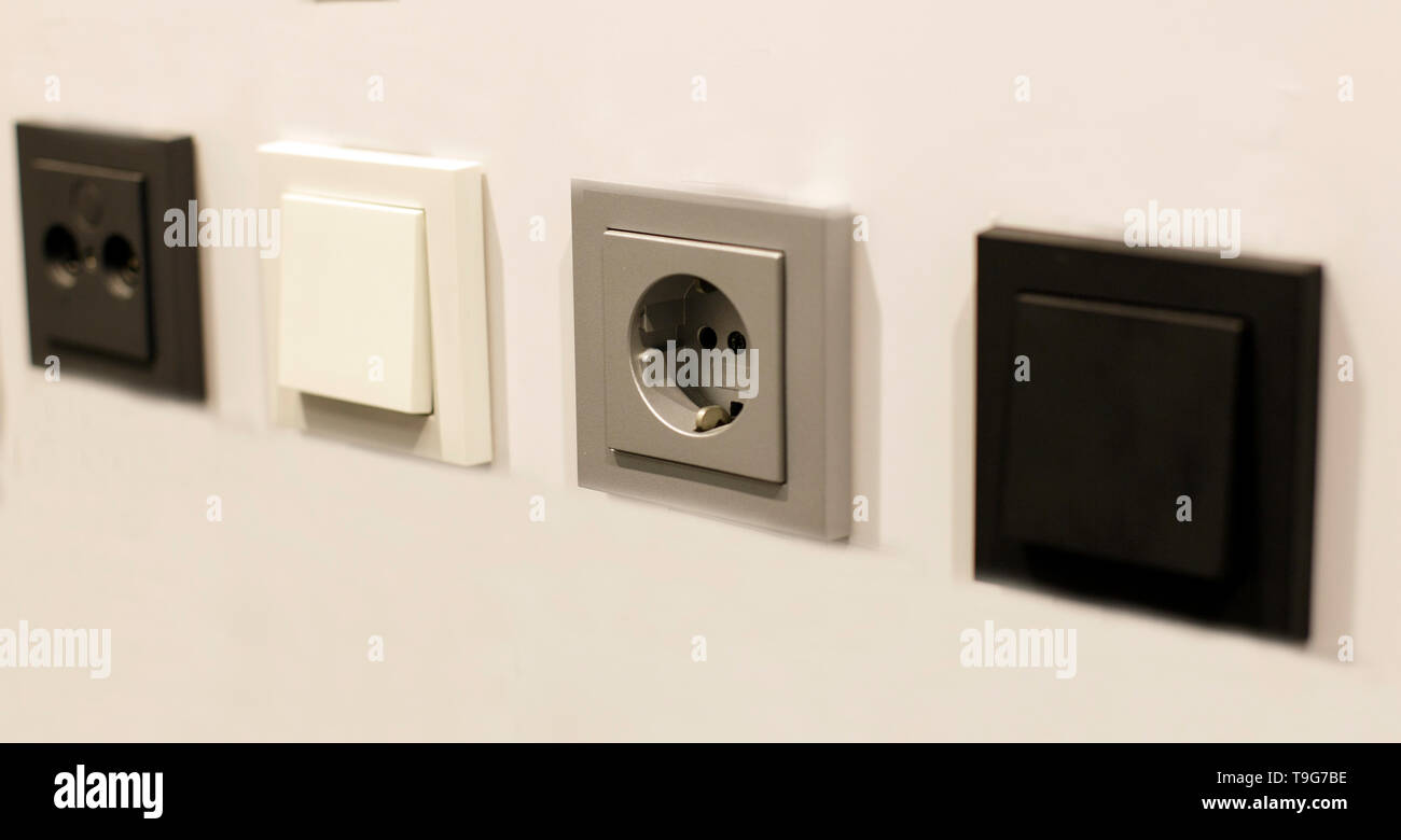 Electrician's equipment. Light switch, socket, outlet Stock Photo - Alamy