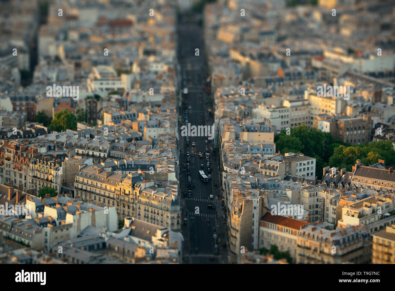 Paris city street rooftop view at sunset tilt-shift effect Stock Photo ...