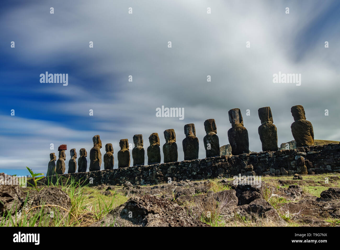 Rear view ultra long exposure of Moai statues of Ahu Tongariki on ...