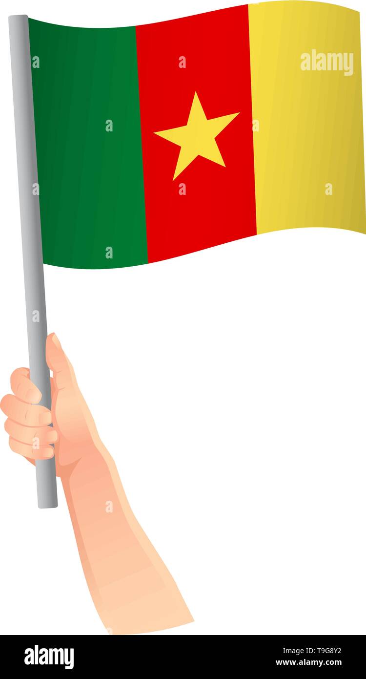 Cameroon flag in hand. Patriotic background. National flag of Cameroon ...