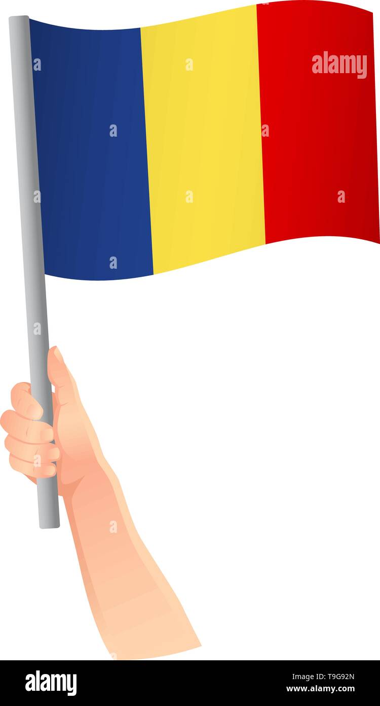 Romania flag in hand. Patriotic background. National flag of Romania ...