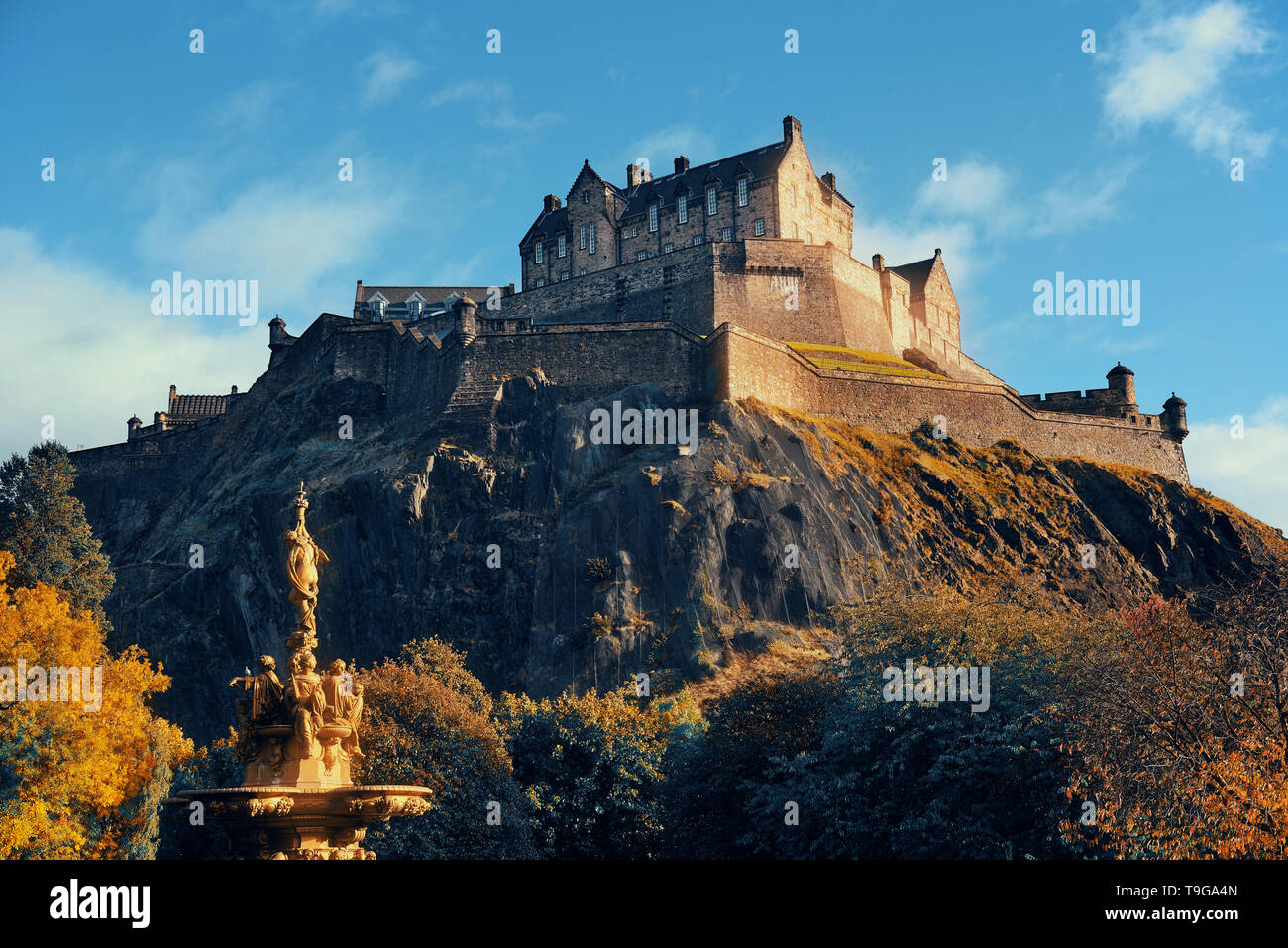 Edinburgh castle with fountain as the famous city landmark. United ...