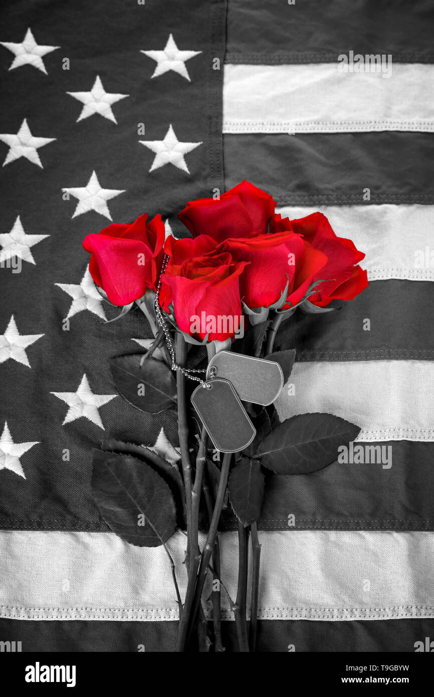 Black and white American flag with red roses Stock Photo - Alamy