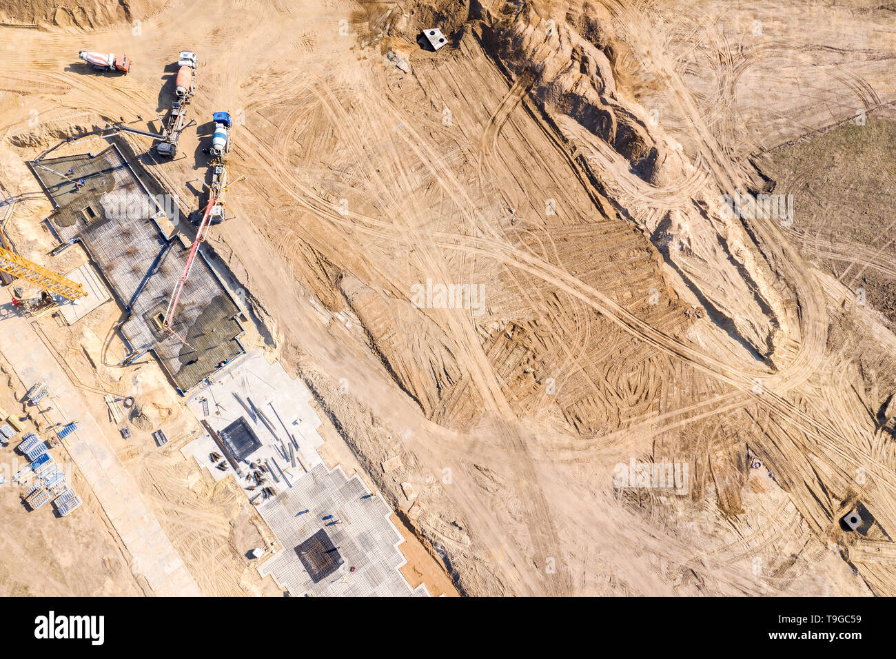 building concrete foundation of new building. aerial top view of ...