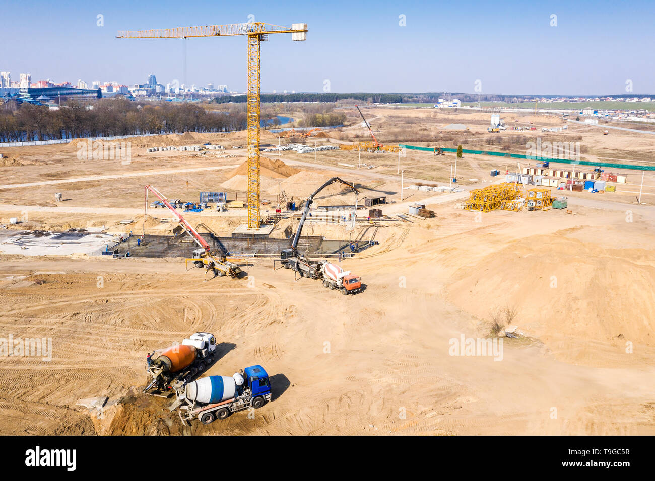 panoramic aerial view of construction site and house foundation in ...