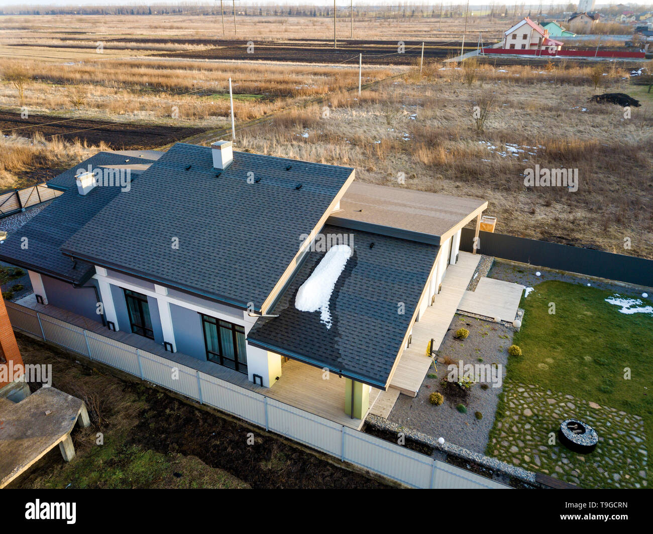 Aerial top view of new residential house cottage and terrace with ...