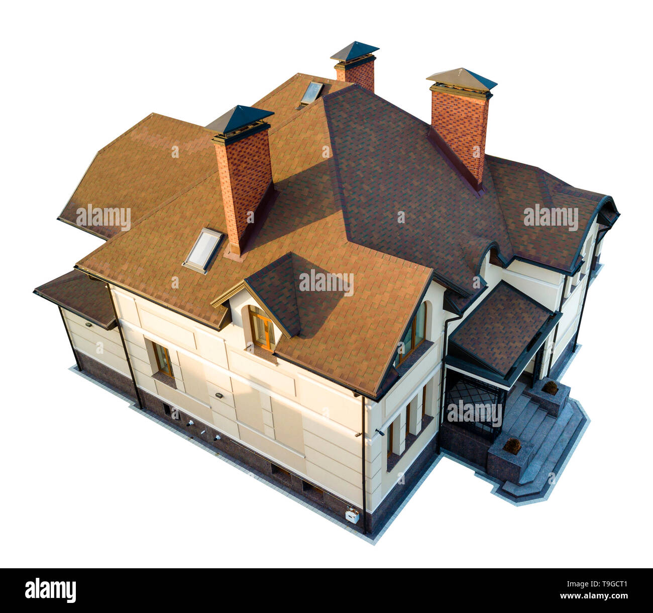 Isolated top view of new residential house cottage with shingle roof ...
