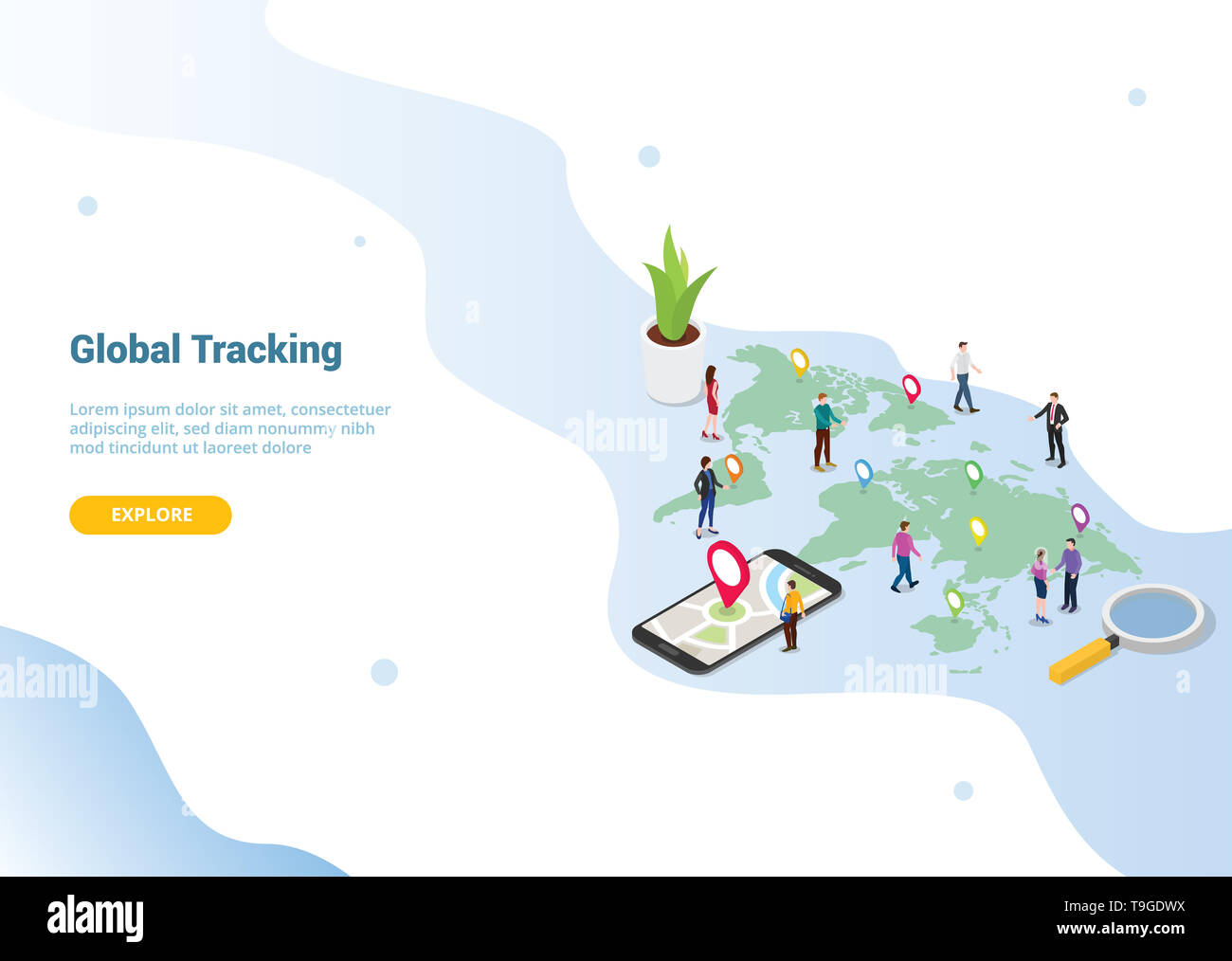 global tracking concept with team people men and woman with isometric ...