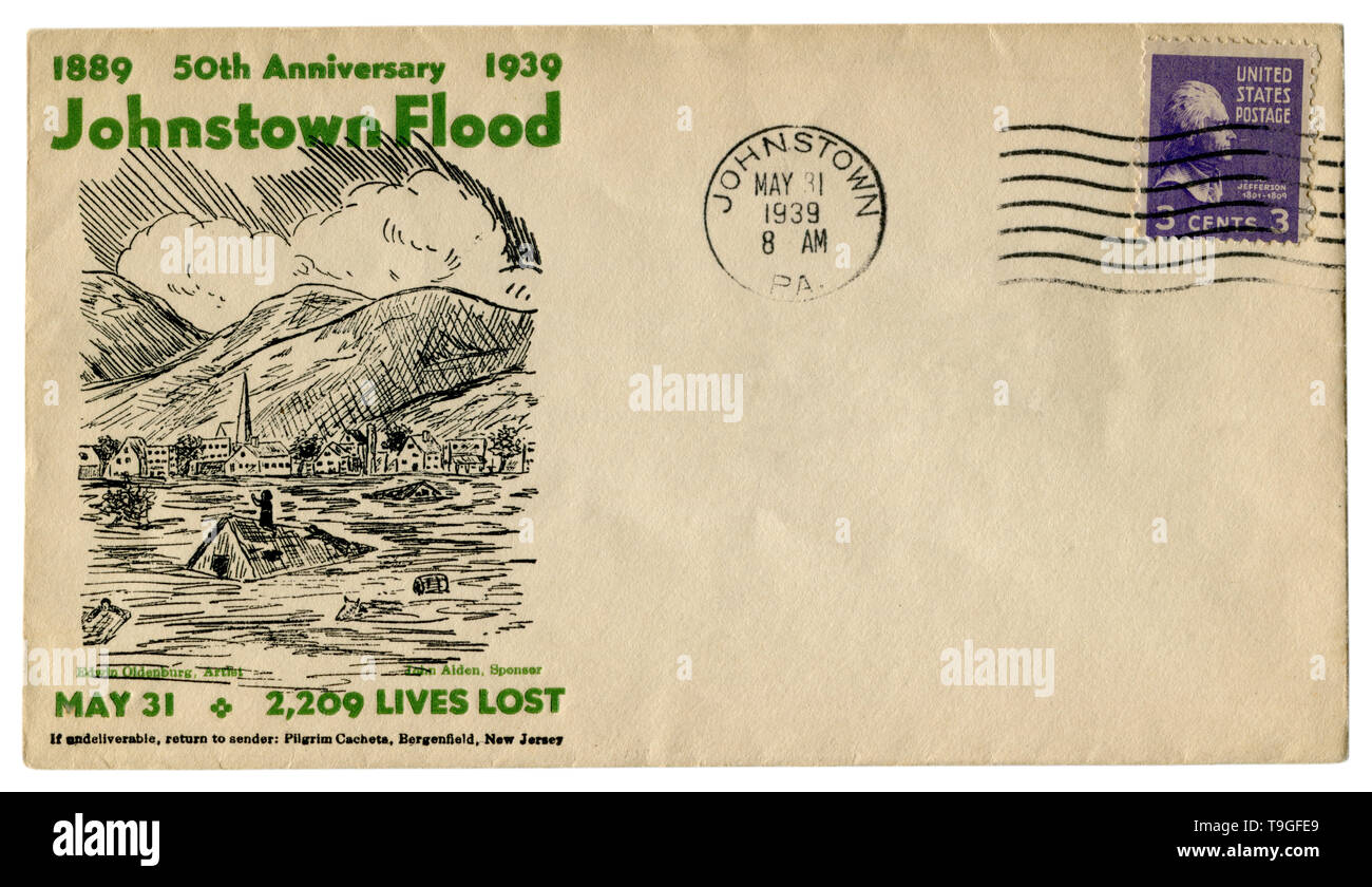 Johnstown, Pennsylvania, The USA - 31 MAY 1939: US historical envelope ...