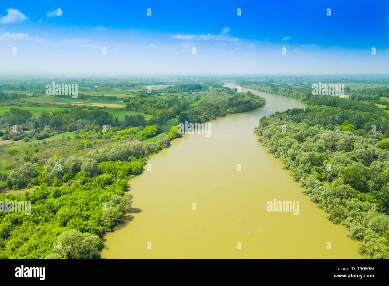 Sava river from air, landscape in nature park Lonjsko polje, Croatia ...
