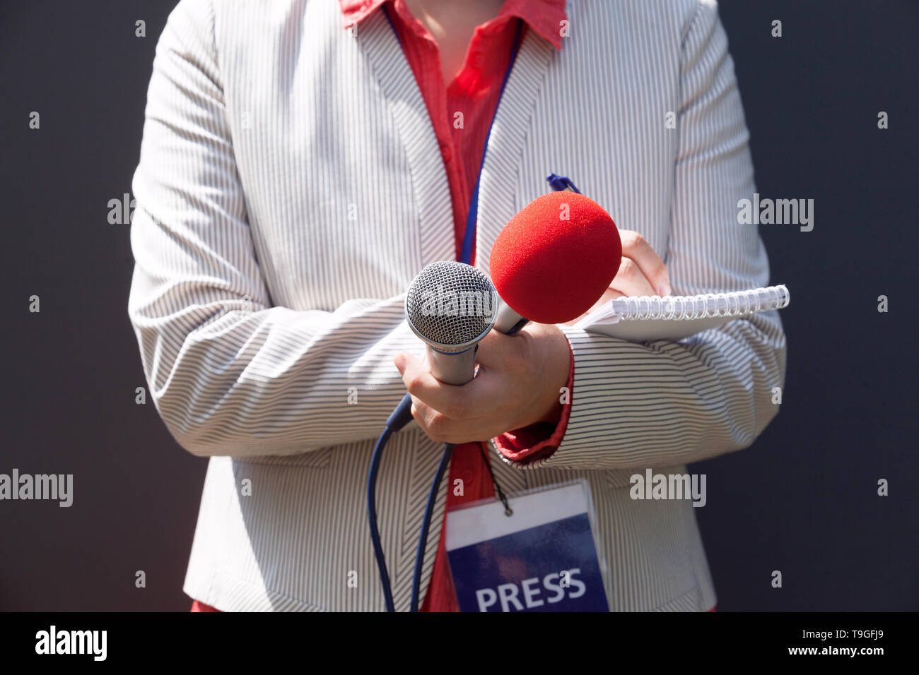 Female journalist at news conference, writing notes, holding microphone ...